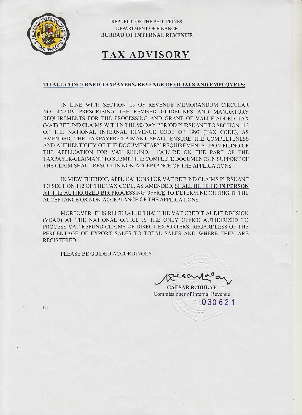 BIR Tax Advisory 2019 | Machica Group