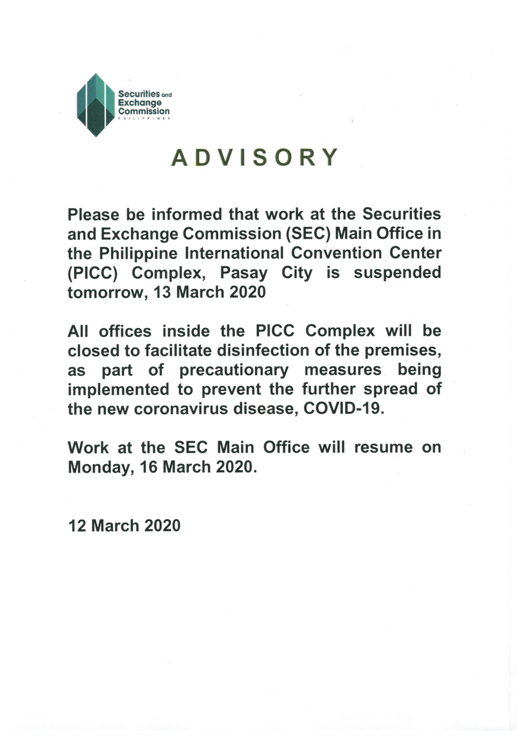 SEC Advisory – Work Suspension SEC Main Office | Machica Group