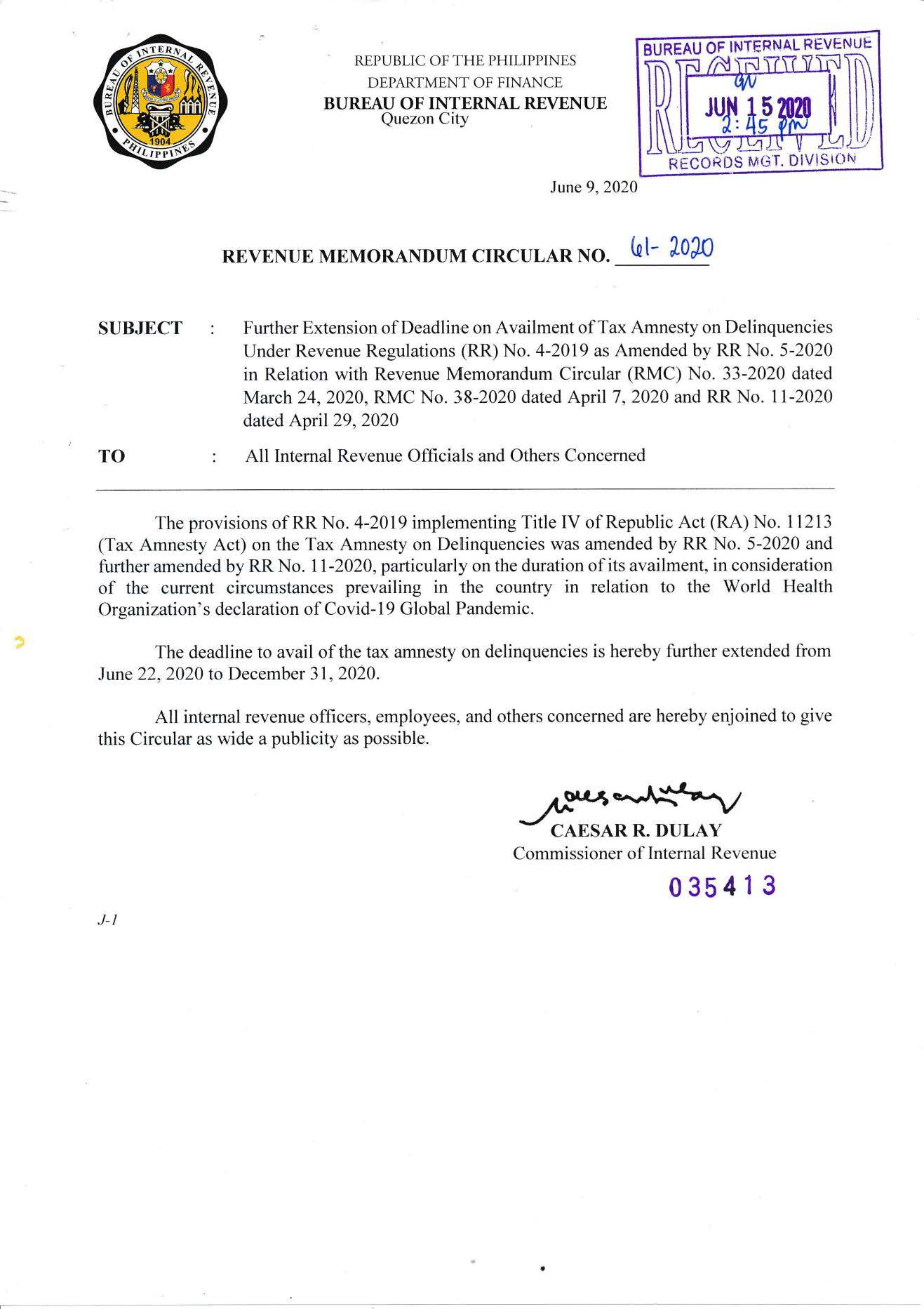 REVENUE MEMORANDUM CIRCULAR NO. 61-2020 | Machica Group