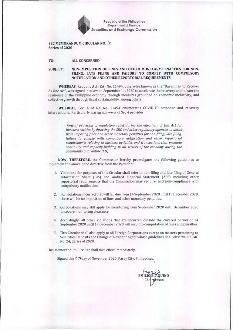 SEC Memorandum Circular No.31 Series 2020 | Machica Group