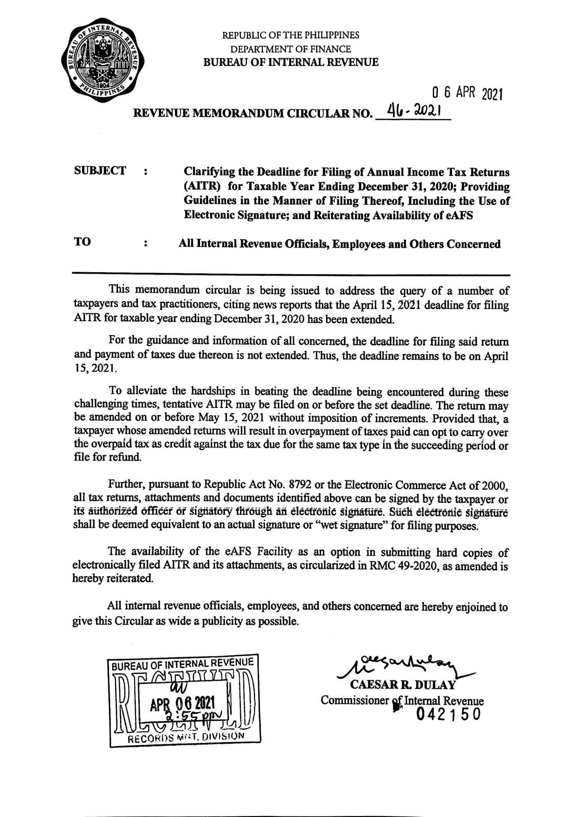 BIR Revenue Memorandum Circular No.46-2021 | Machica Group