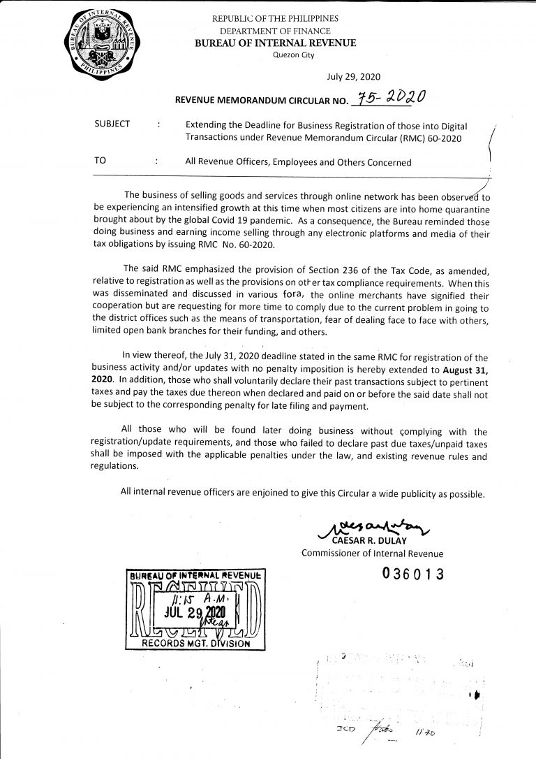 BIR Revenue Memorandum Circular No. 75-2020 | Machica Group