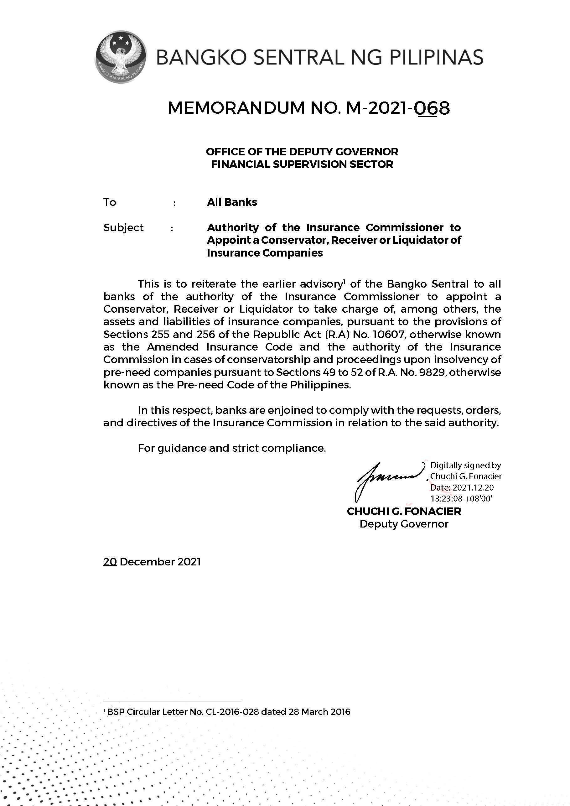Bangko Central ng Pilipinas Memorandum No. M-2021-068 | Machica Group
