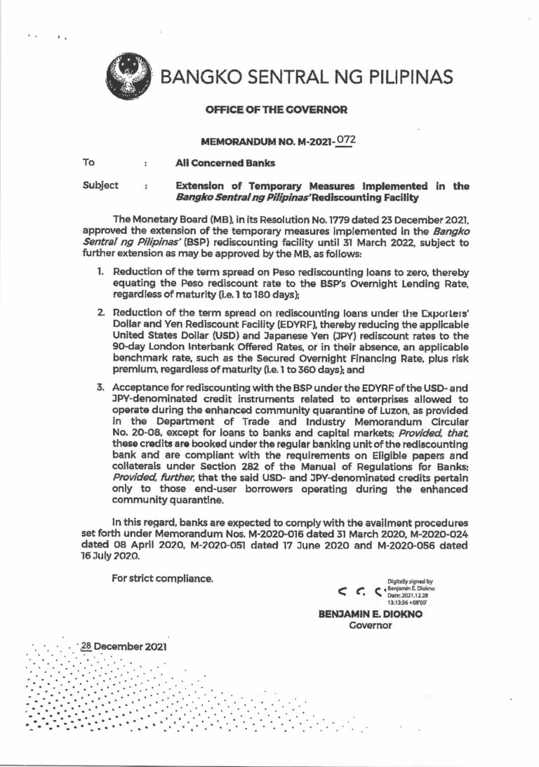 BANGKO SENTRAL NG PILIPINAS MEMORANDUM NO. M-2021-072 | Machica Group