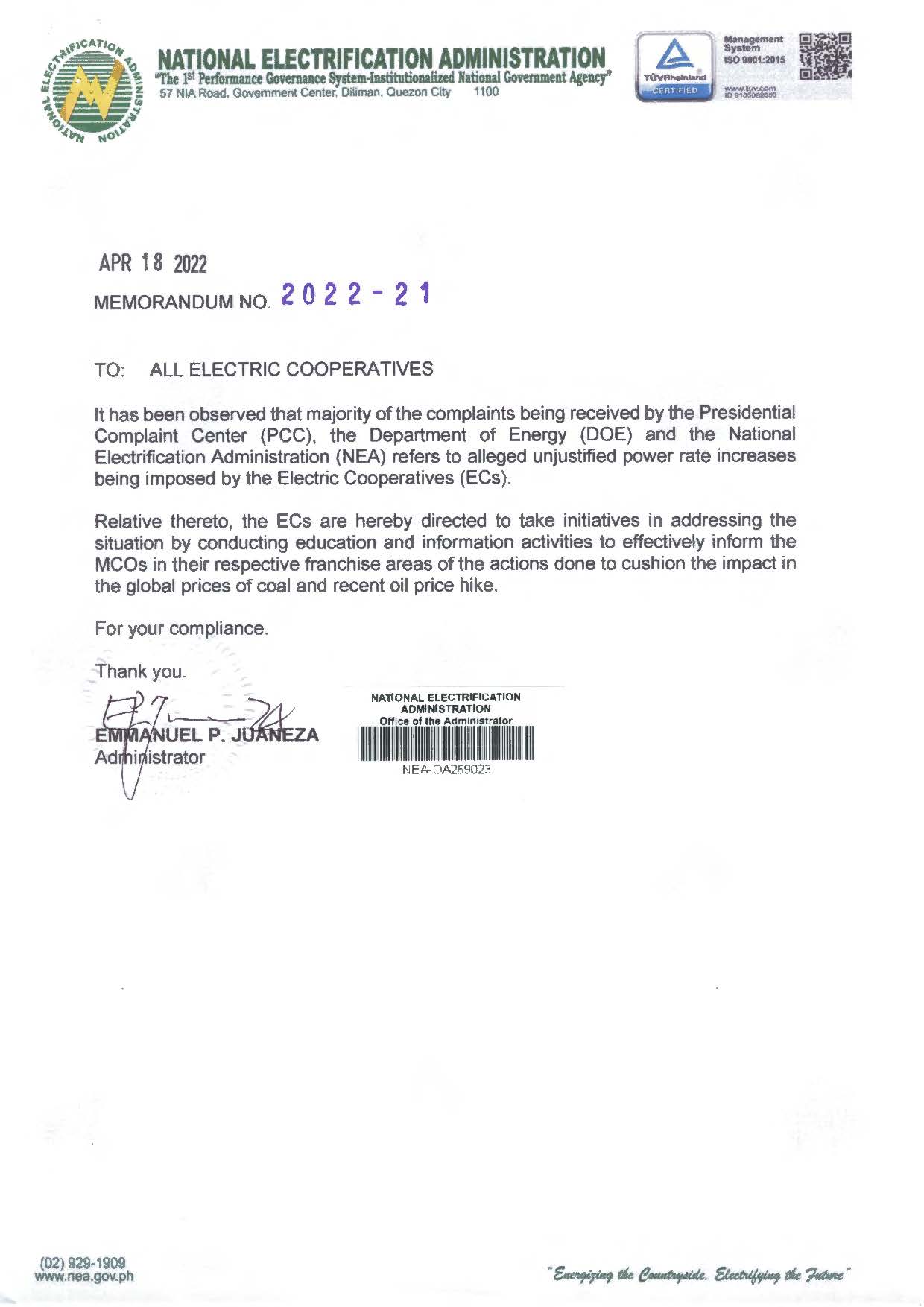 NEA Memorandum 2022 – 21 | Machica Group